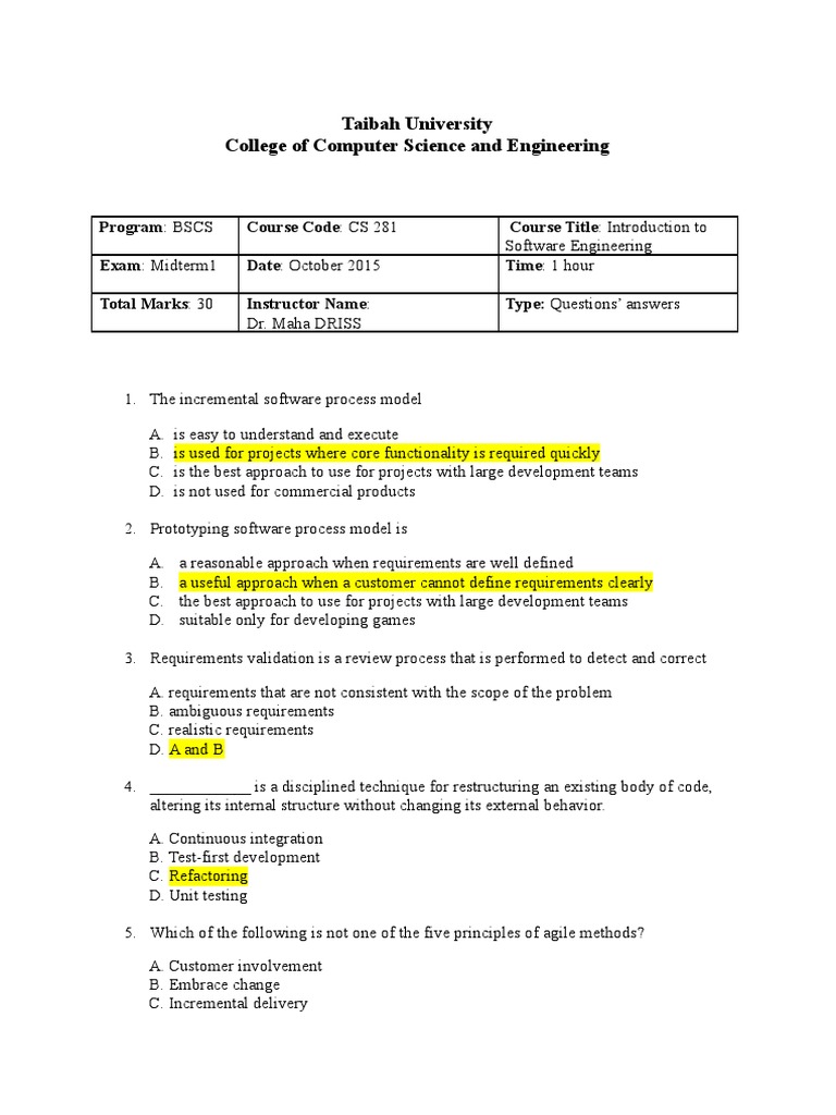 Software Engineering Midterm Exam Questions | PDF | System | Class (Computer Programming)