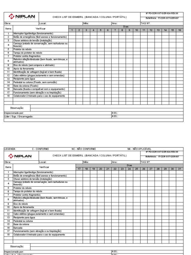 Fo-Cor-Sst-Ger-024 - Rev00 - Check List de Esmeril (Bancada, Coluna e ...