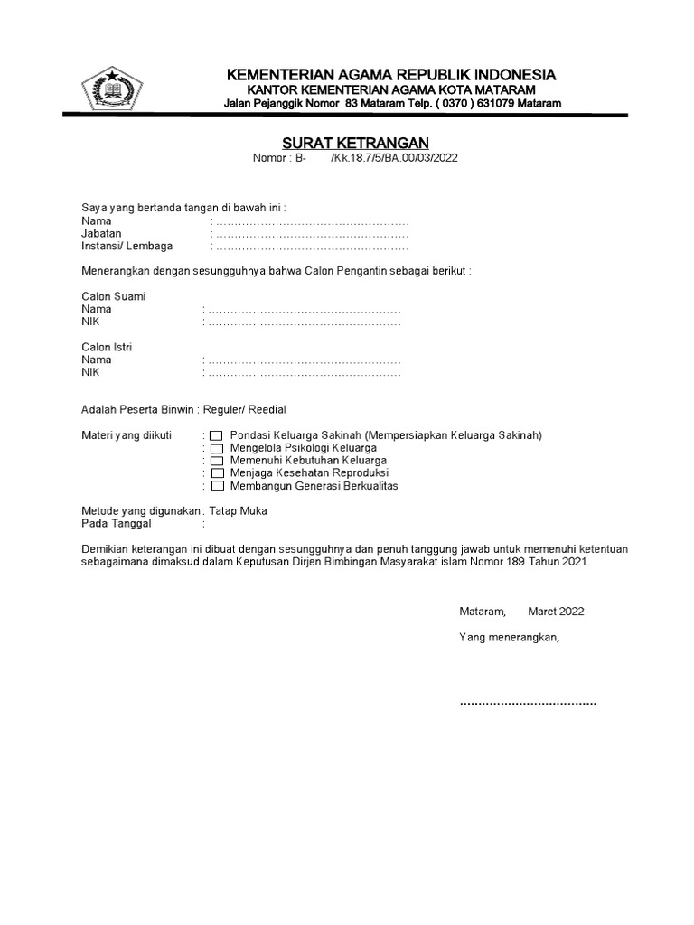 Surat Keterangan Peserta Binwin 2022 | PDF | Olahraga & Rekreasi