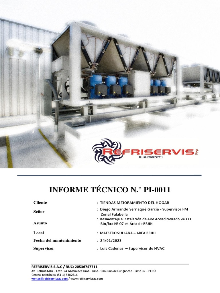 Informe Tecnico N°0011 Maestro Sullana Desmontaje e Instalacion A.A de 24000 Btu - Hra en RRHH ...