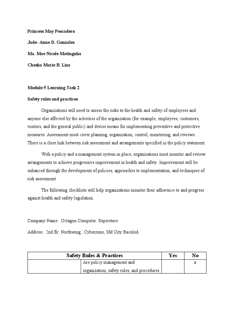 Module 5 Learning Task 2 | PDF | Safety | Occupational Safety And Health