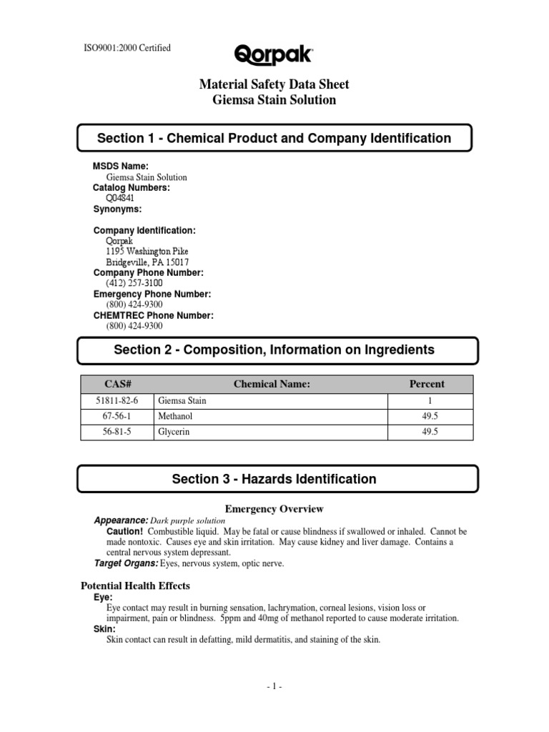 Giemsa Stain Solution MSDS | PDF | Magnesium | Water