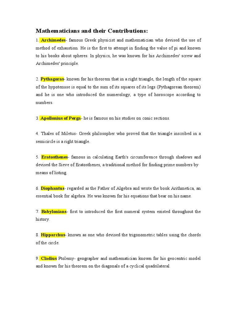 Mathematicians and Their Contributions | PDF | Geometry | Numbers