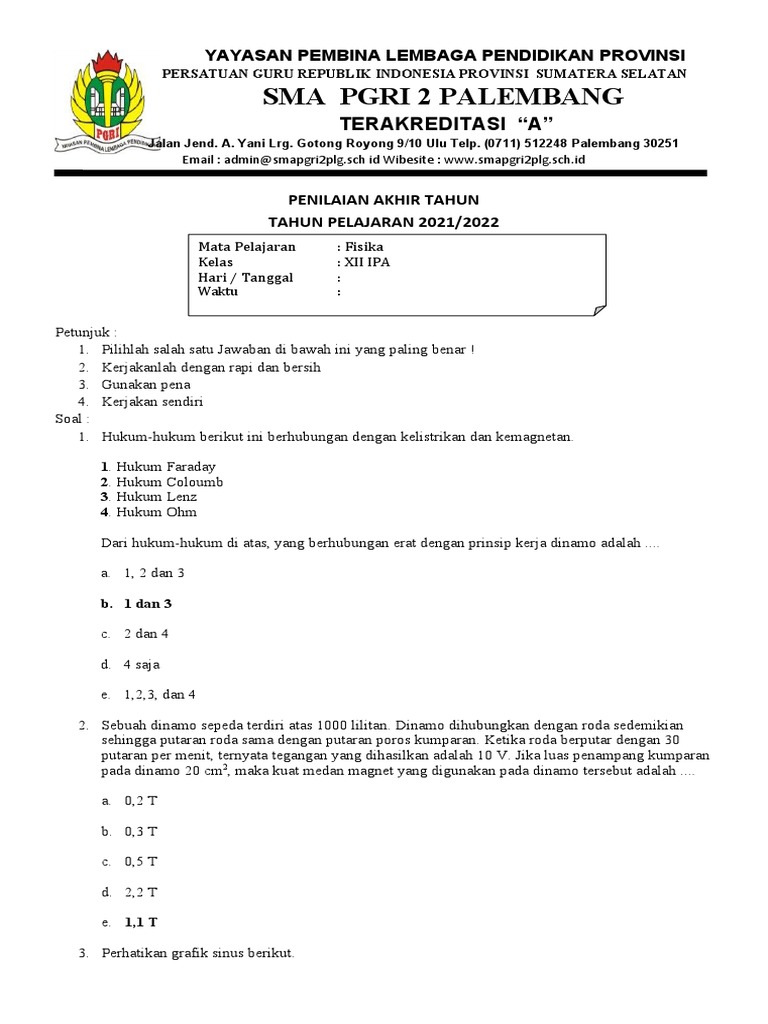 Soal Pat Kelas Xii Fisika Ipa | PDF | Sains & Matematika