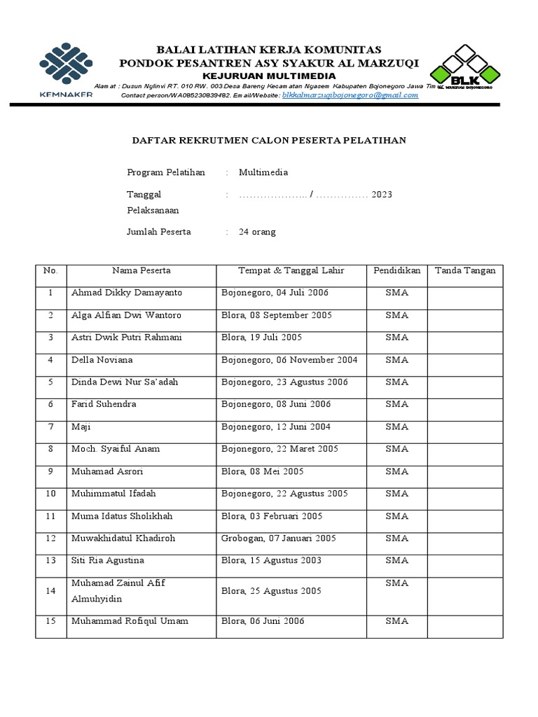 (Format 23) Daftar Rekrutmen Calon Peserta Pelatihan | PDF
