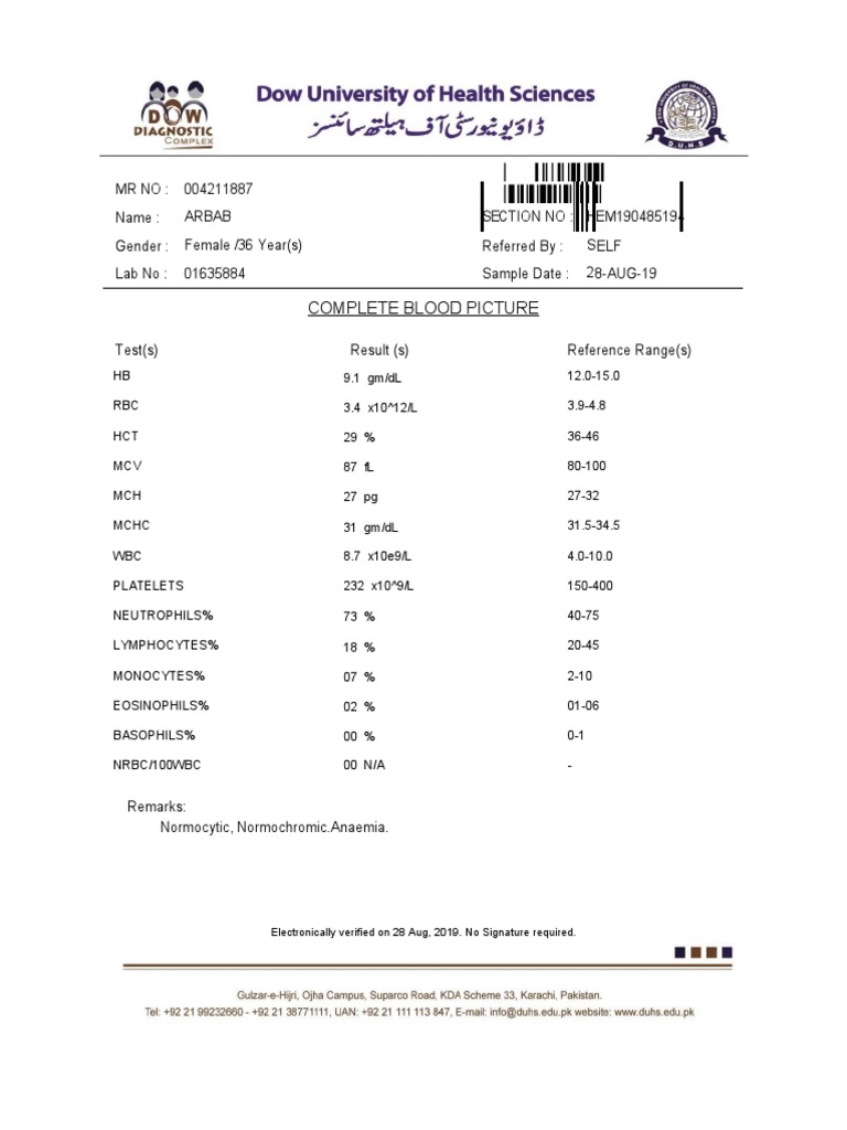 Complete Blood Picture Report | PDF