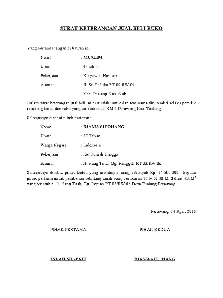 Surat Keterangan Jual Beli Ruko | PDF