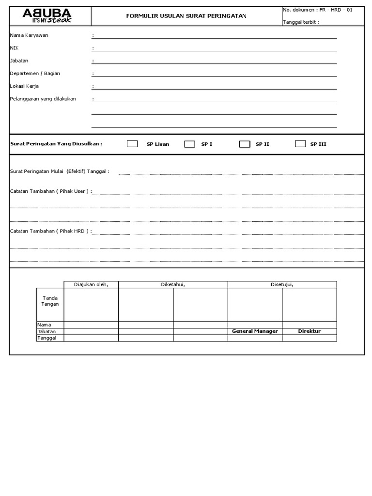 Formulir Usulan Surat Peringatan: SP Lisan SPI SP Ii SP Iii Surat ...