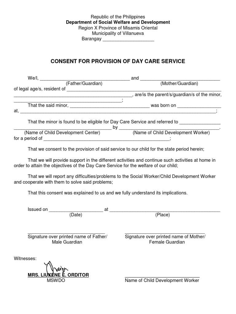 Consent For Provision of Day Care Service | PDF