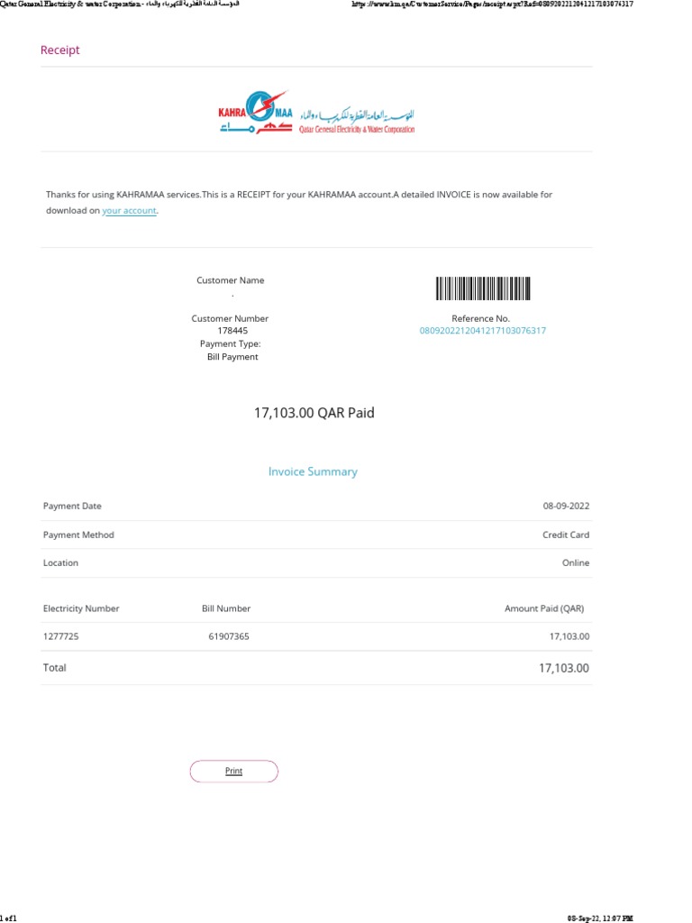 Qatar Electricity & Water Bill Receipt Online | PDF | Receipt | Business