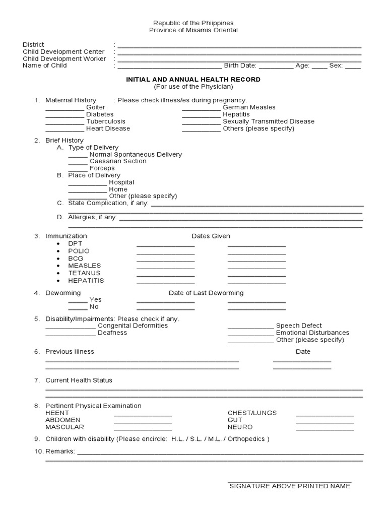 Initial and Annual Health Record | PDF | Childbirth | Medical Specialties