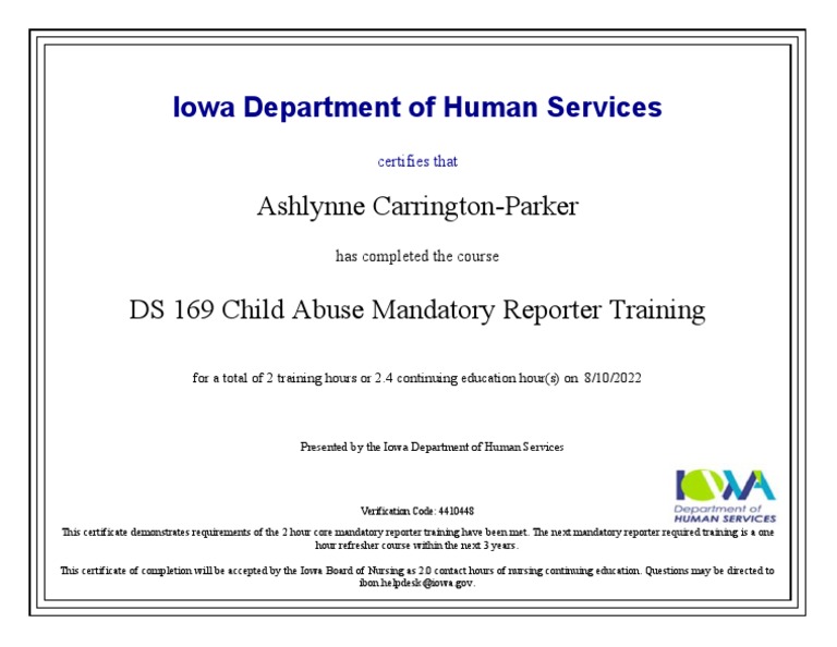 Iowa DHS Child Abuse Training Cert | PDF