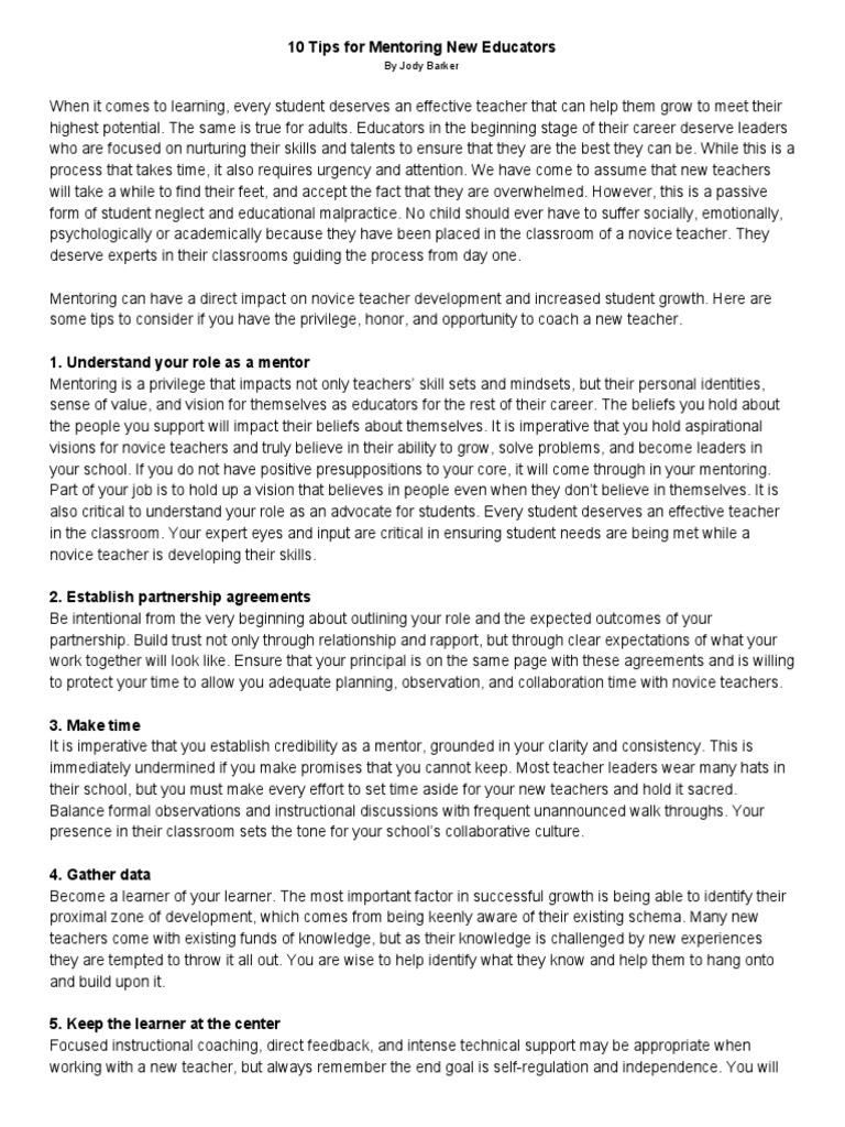 10 Tips For Mentoring New Educators | PDF | Mentorship | Teachers