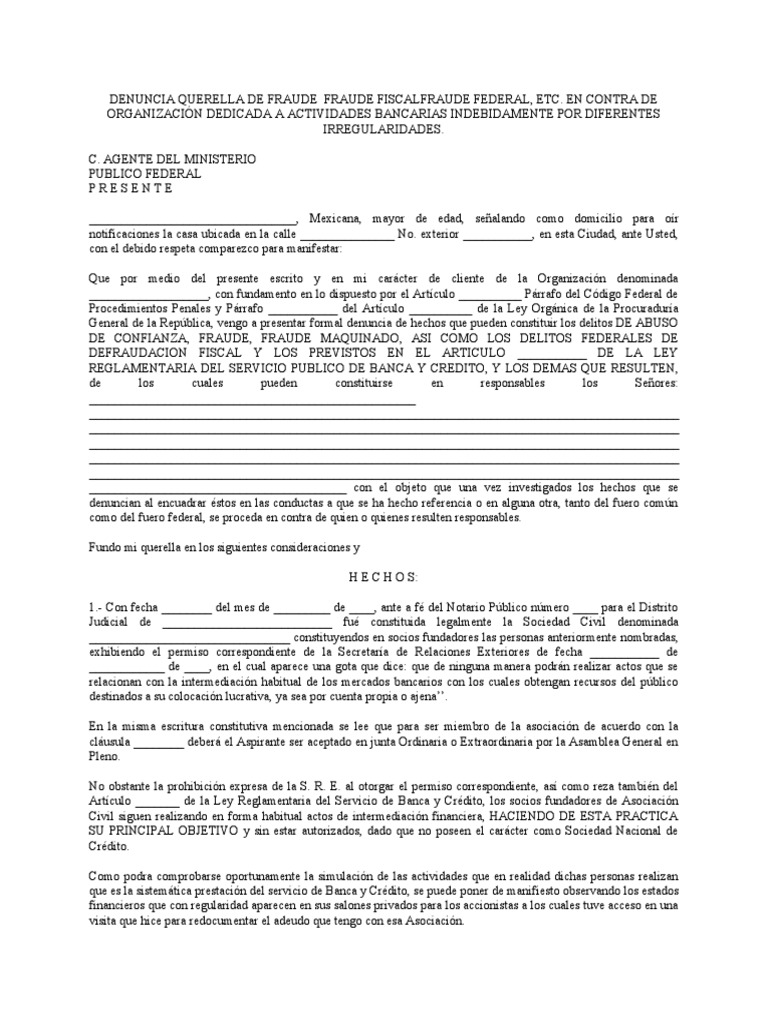Denuncia Querella de Fraude Fraude Fiscalfraude Federal | PDF | Bancos ...