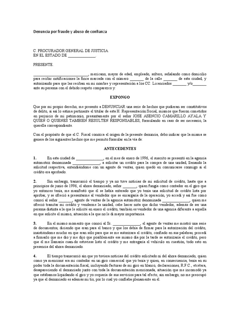 Denuncia Por Fraude y Abuso de Confianza | PDF