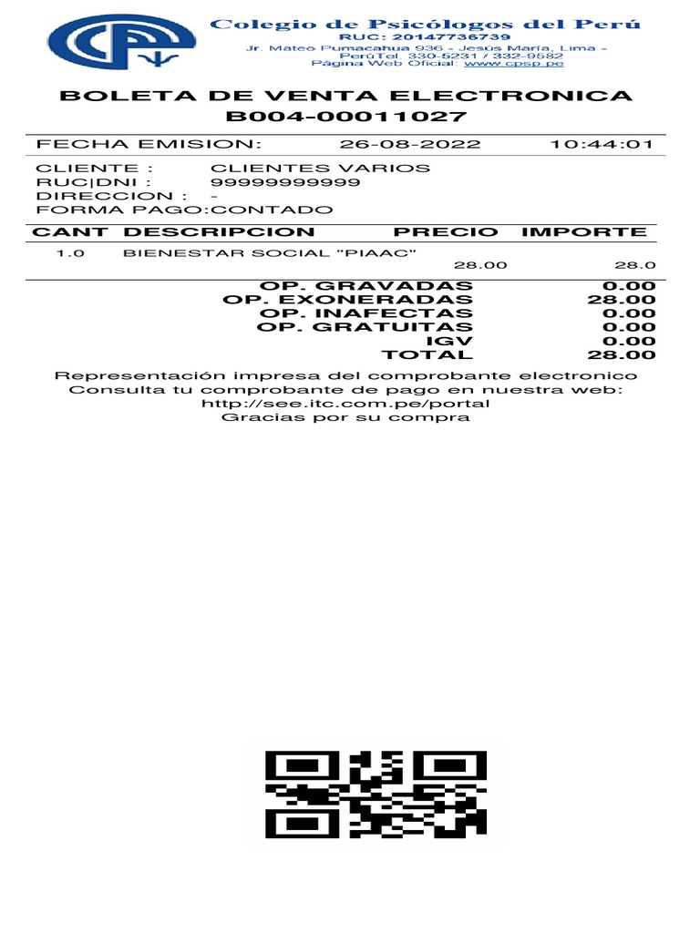 Boleta de Venta Electronica B004-00011027: Fecha Emision: 26-08-2022 10 ...