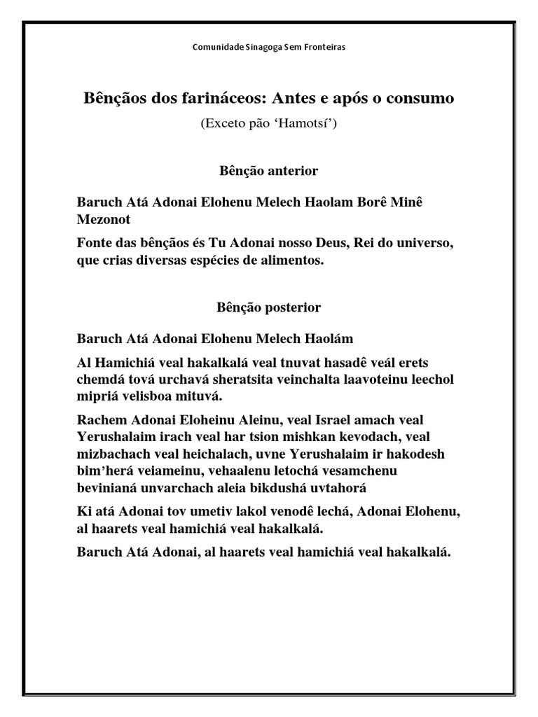 Farináceos - Meein Shalosh Transliterada e Traduzida | PDF