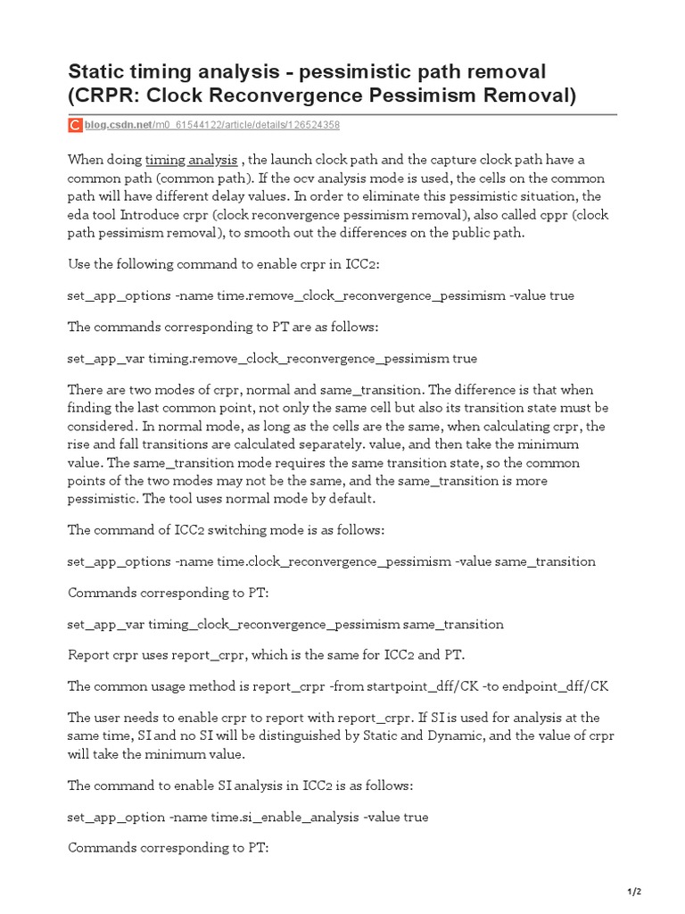 Static Timing Analysis - Pessimistic Path Removal CRPR Clock Reconvergence Pessimism Removal ...