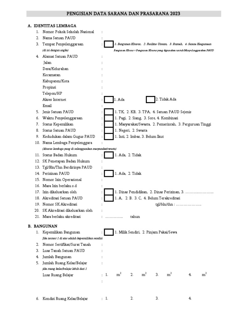Instrumen Pendataan Lembaga PAUD 2023 | PDF