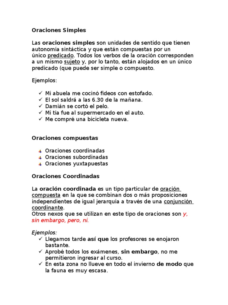 Ejemplos de Oraciones Simples y Compuestas | PDF | Oración (Lingüística ...