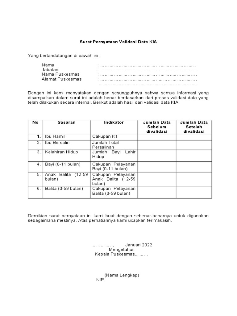 Surat Pernyataan Validasi Data 2022 | PDF