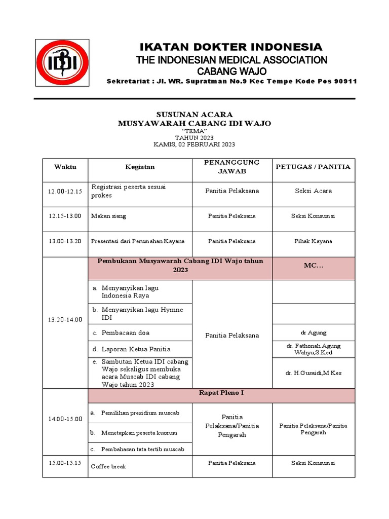 Susunan Acara MUSCAB IDI WAJO 2023 | PDF