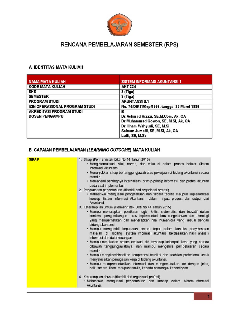 Rencana Pembelajaran Semester (RPS) : A. Identitas Mata Kuliah | PDF | Bisnis | Seni