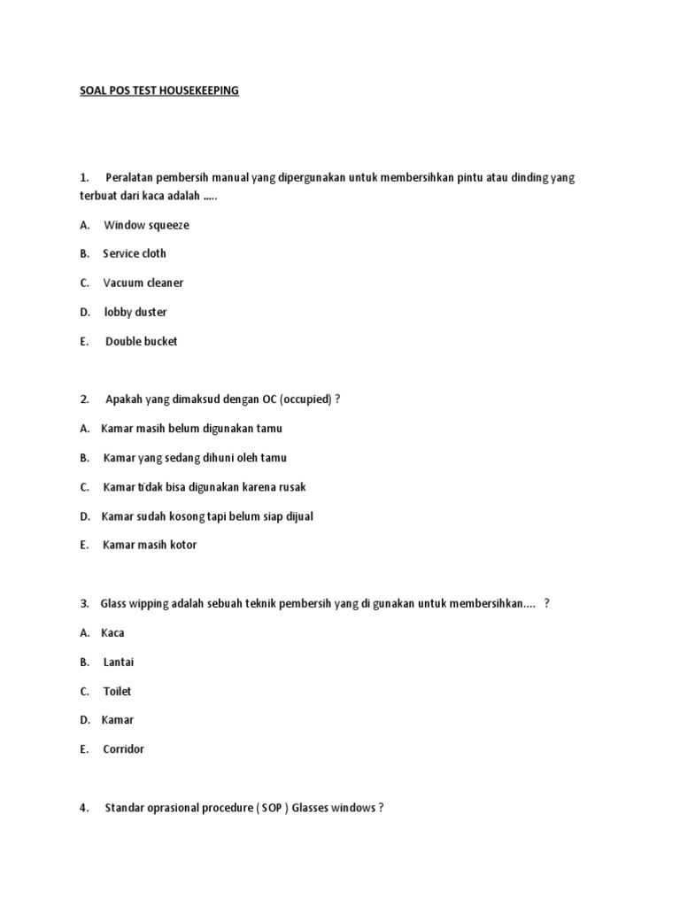 Soal Pos Test Housekeeping - Role Playing | PDF