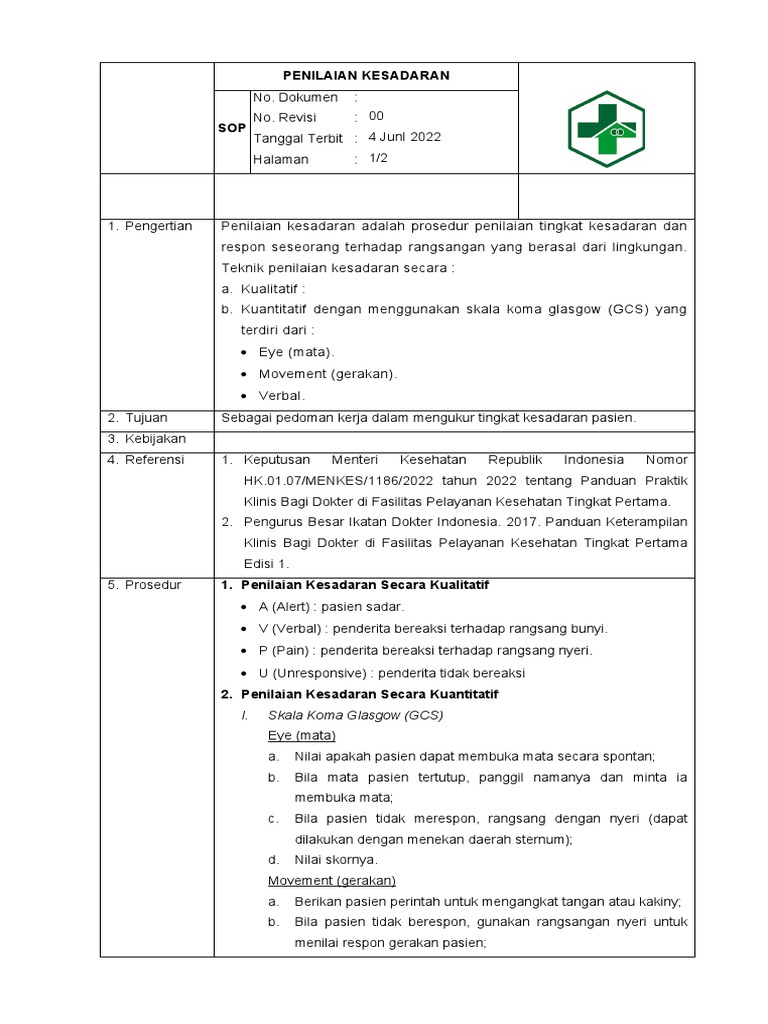 SOP Penilaian Kesadaran (GCS) | PDF