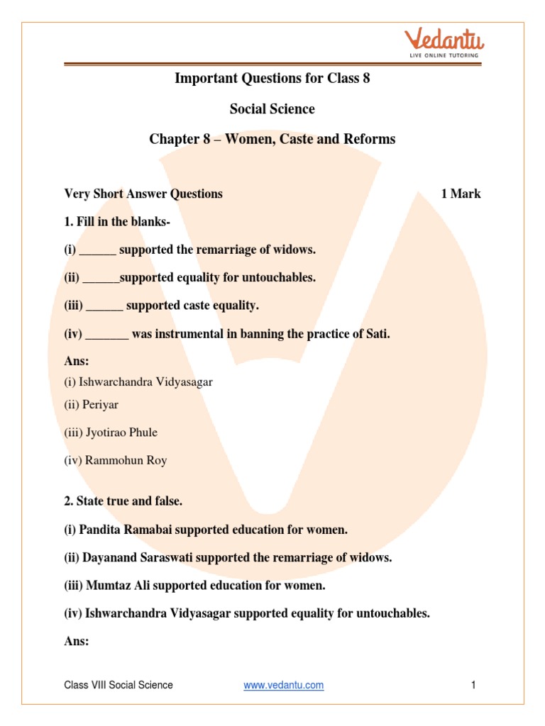 Important Questions for CBSE Class 8 Social Science Our Past 3 Chapter 8 - Women, Caste and ...