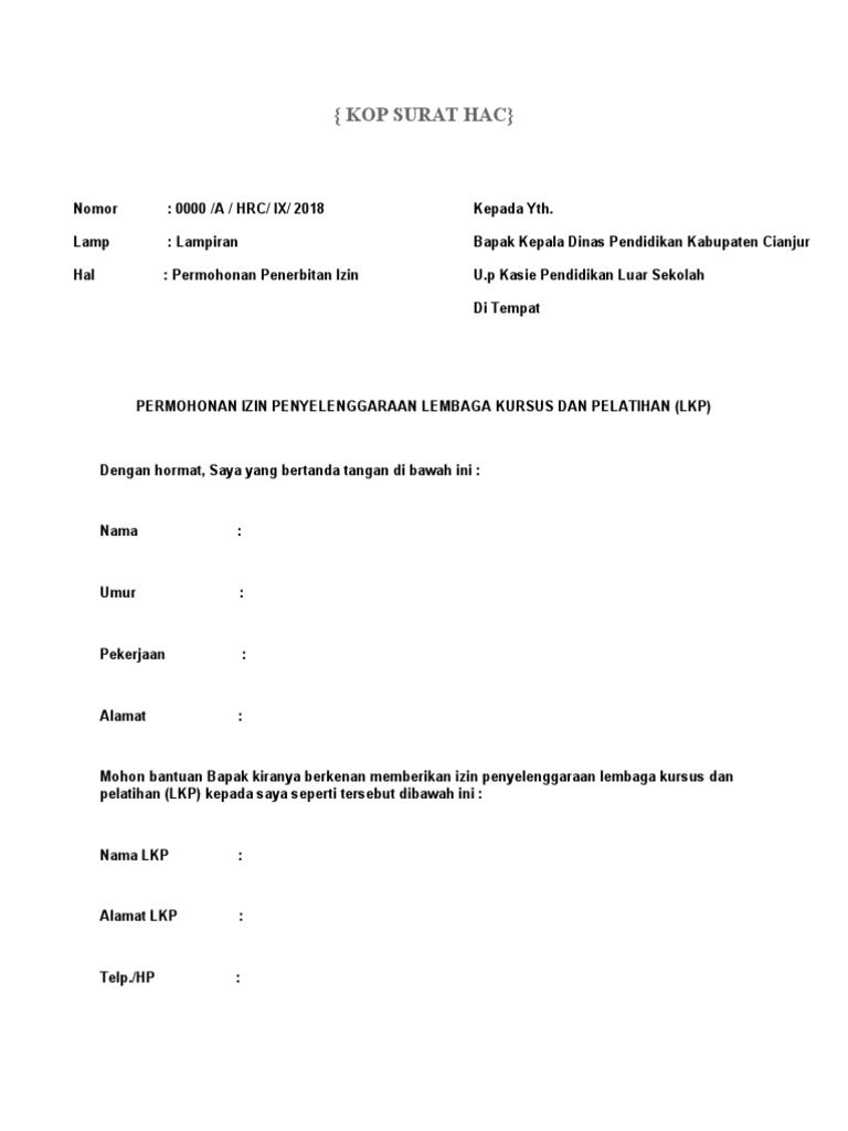 Surat Permohonan Izin LKP HAC | PDF