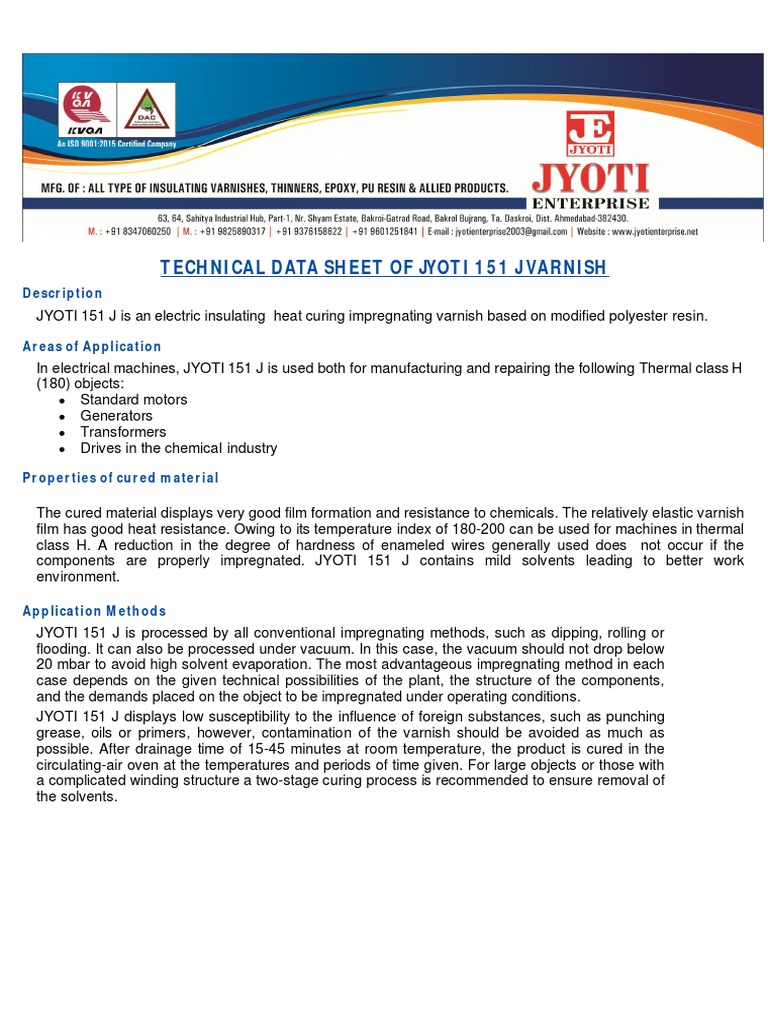 Jyoti 151 J Varnish Technical Data Sheet | PDF | Varnish | Electricity