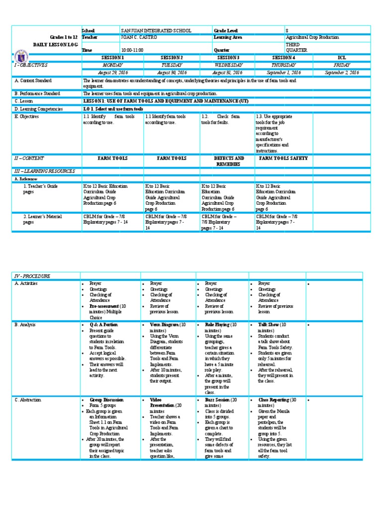Daily Lesson Log: Agricultural Tools | PDF | Curriculum | Learning