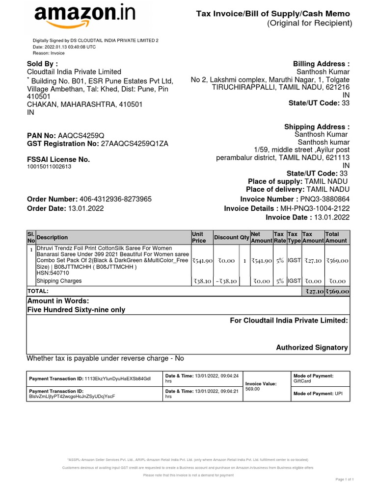 Tax Invoice for Dhruvi Trendz Foil Print CottonSilk Saree Sold to ...