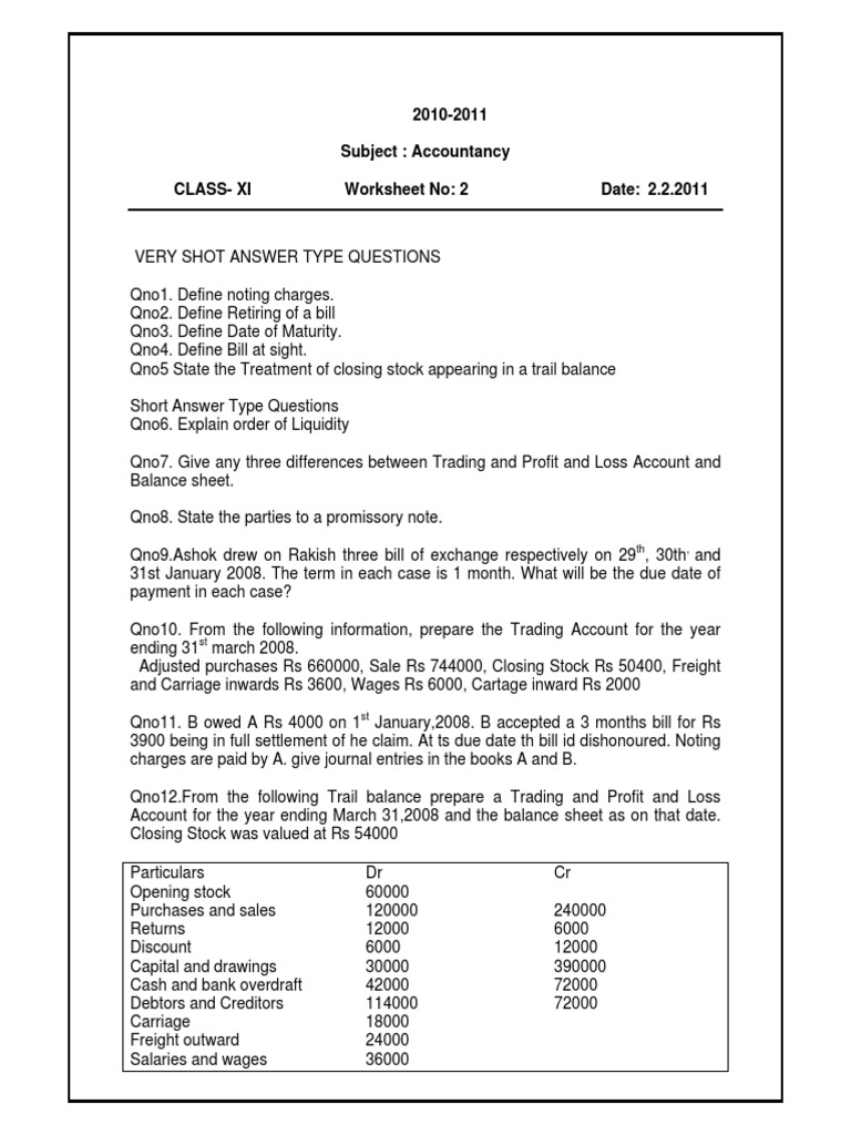 An Accountancy Worksheet Providing Short and Long Answer Questions on ...