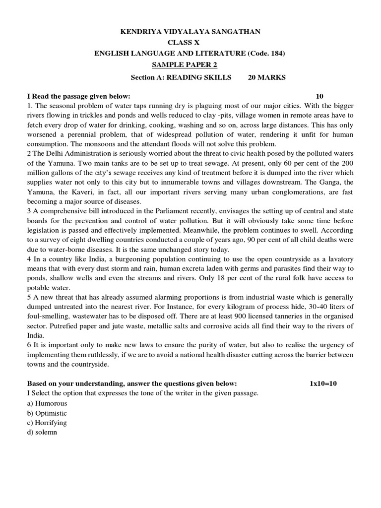 SAMPLE QUESTION PAPER, ENGLISH 10th, SET-2, 2022-23 | PDF | Educational Technology | Distance ...