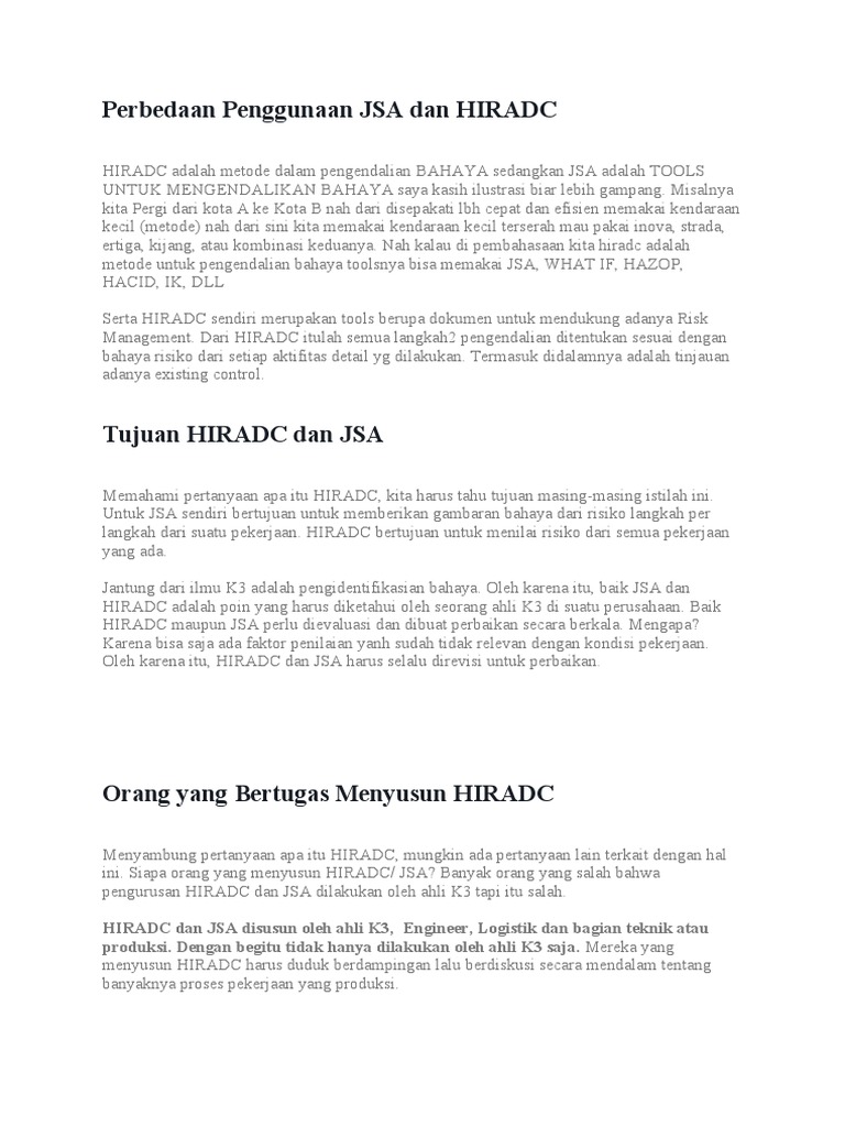 Perbedaan Penggunaan JSA Dan HIRADC, Loto | PDF