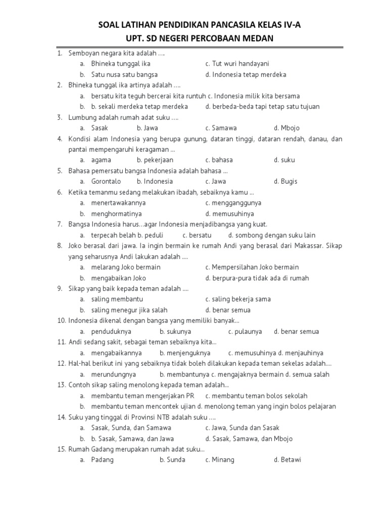 Soal Latihan Pendidikan Pancasila Kelas IV | PDF
