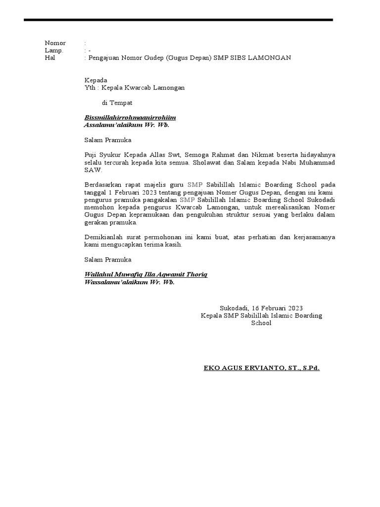 SURAT PENGAJUAN NOMER GUDEP SMP Sabilillah Islamic Boarding School | PDF