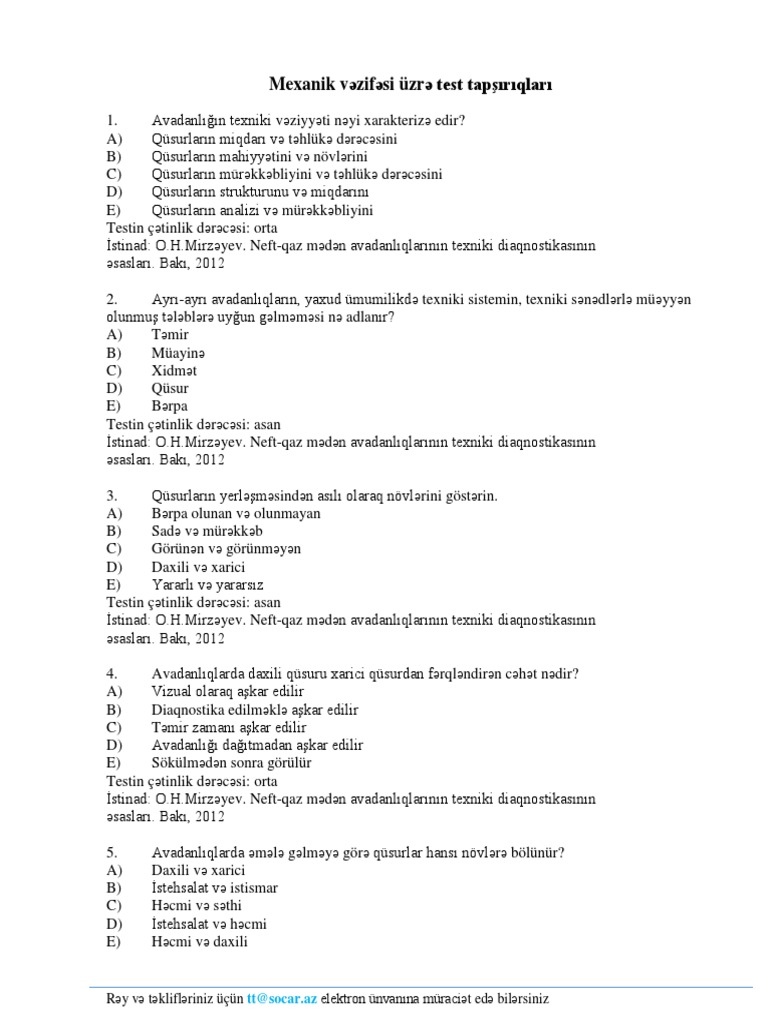 Mexanik Azəriqaz İB Czmtxu8 | PDF