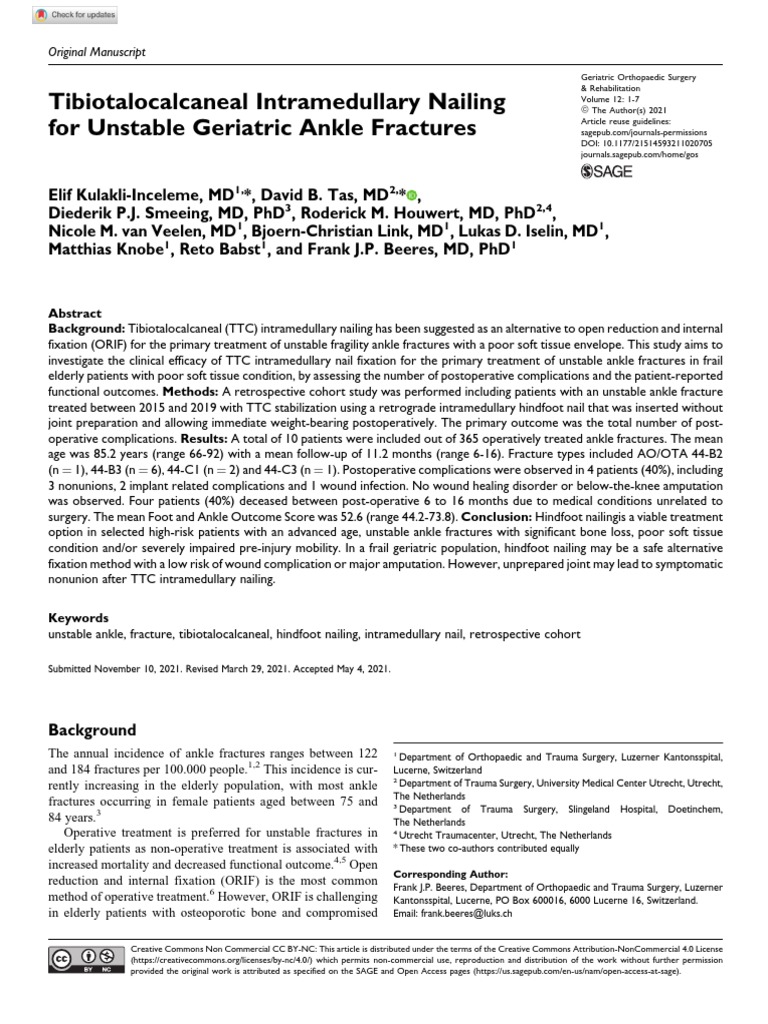 Elif KI (2021) - Tibiotalocalcaneal Intramedullary Nailing For Unstable ... Elif KI (2021) - Tibiotalocalcaneal Intramedullary Nailing For Unstable ...