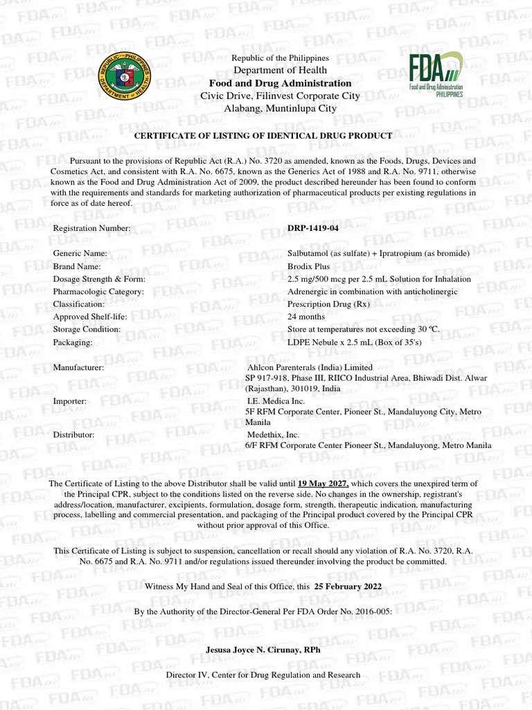 CPR Salbutamol+Ipratropium Neb (BRODIX PLUS) 35's | PDF | Food And Drug ...