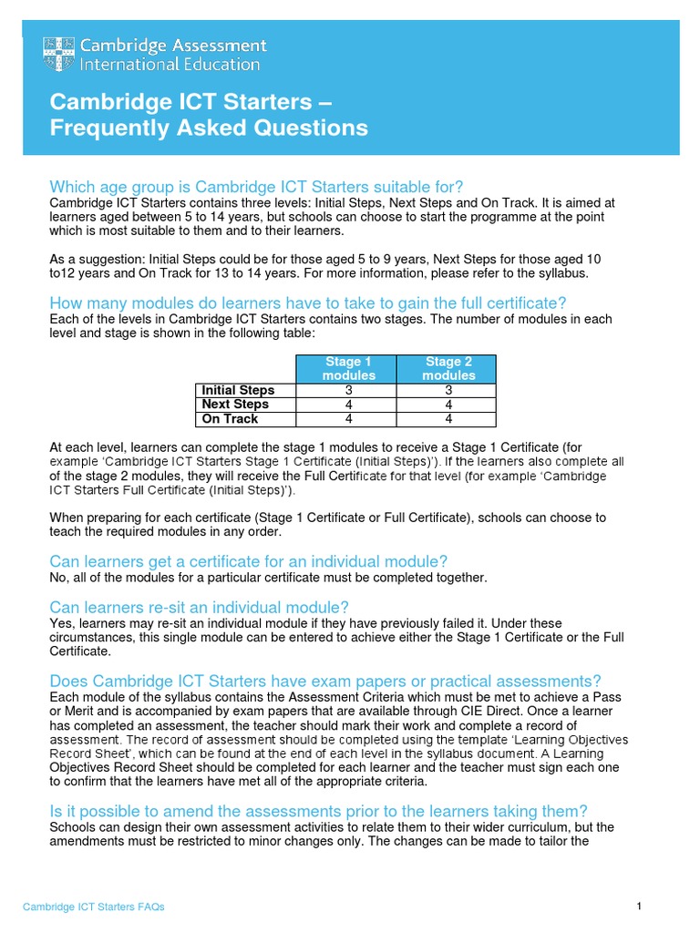 Cambridge Ict Starters Faq | PDF | Educational Technology | Learning