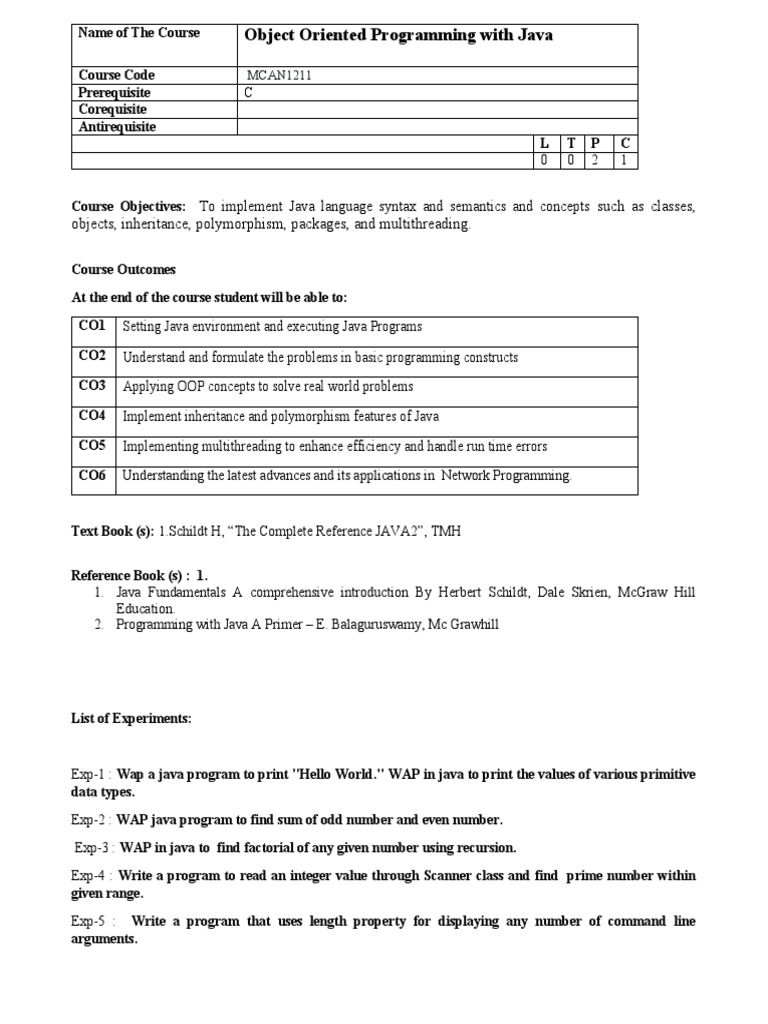 Java Lab Mca Syllabus Pdf Method Computer Programming Class Computer Programming 9548