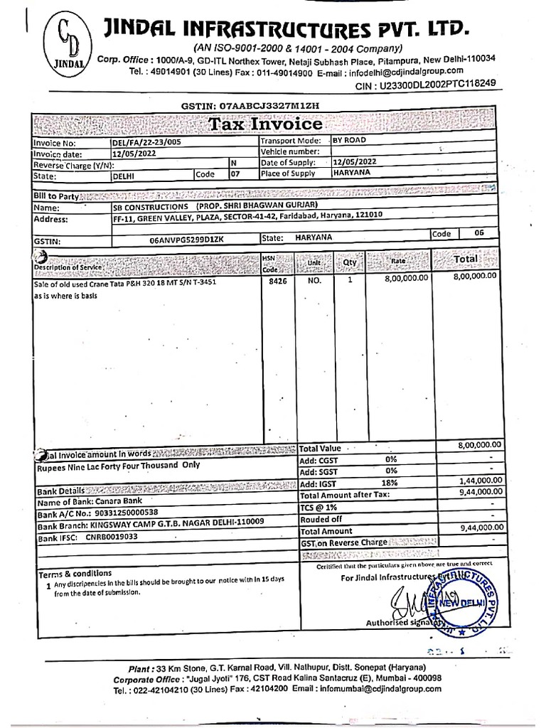 Crane 320 Invoice | PDF