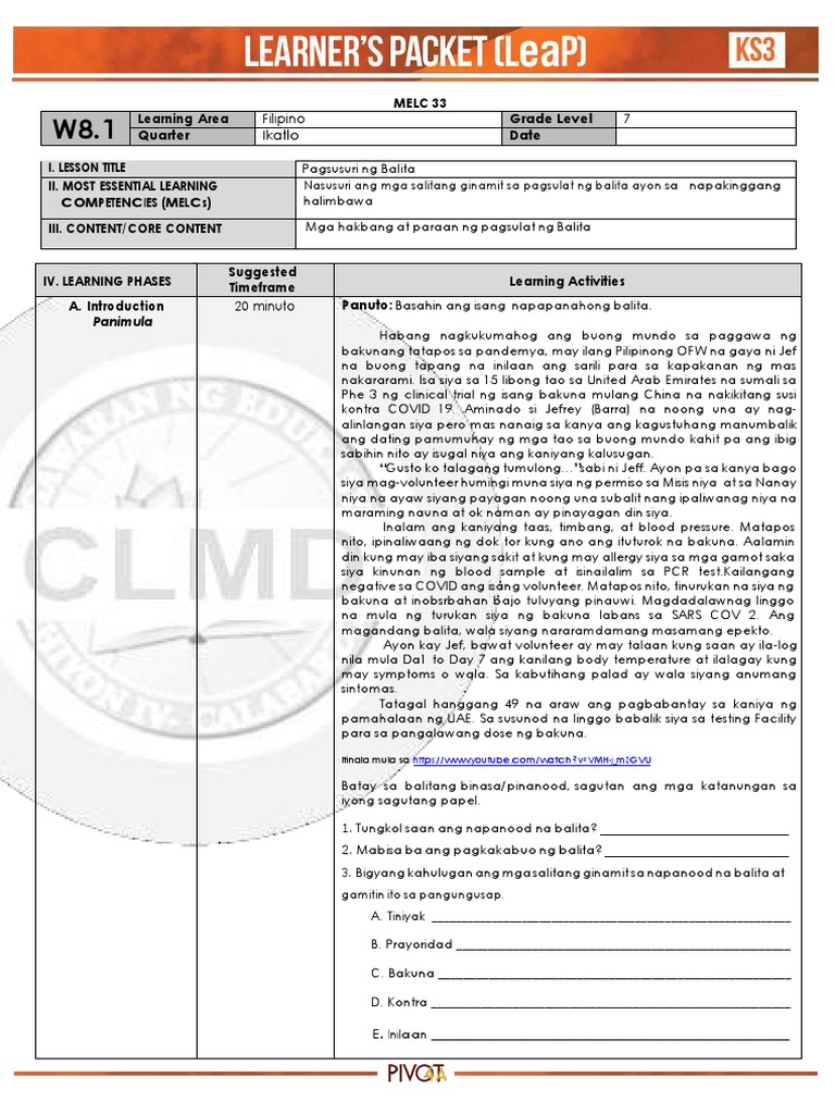 LeaP Filipino G7 Week 8.1 Q3 | PDF