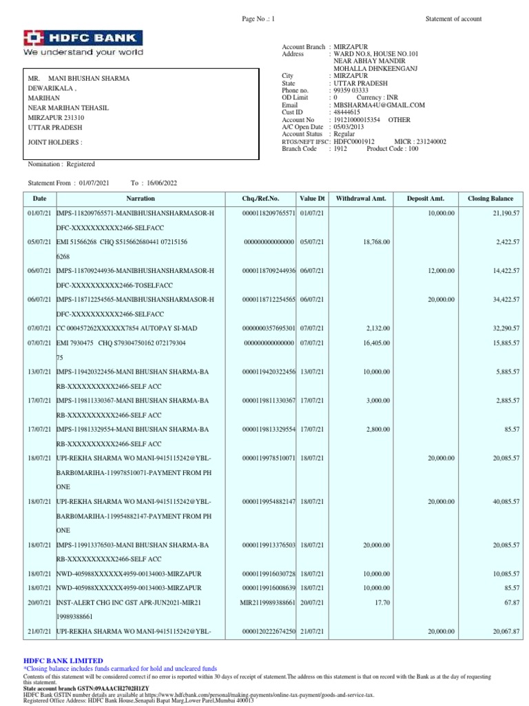 HDFC Acc Statement | PDF | Business | Service Industries