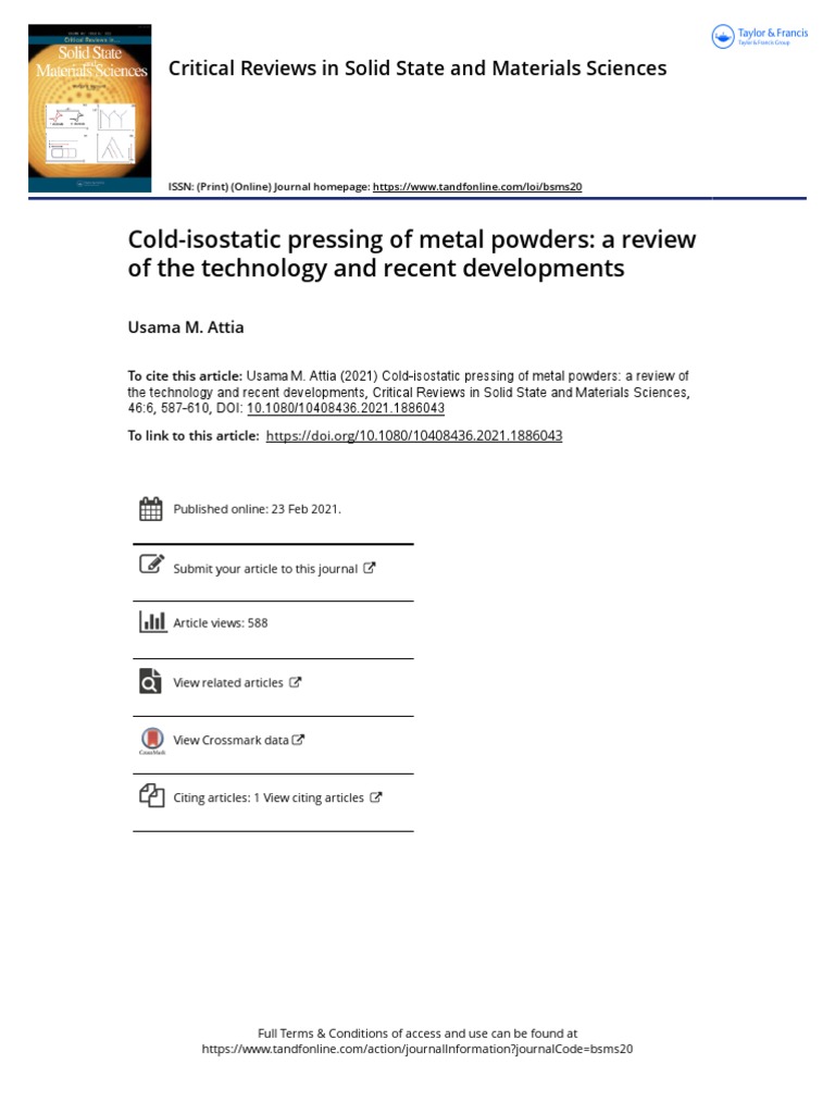 Cold Isostatic Pressing of Metal Powders A Review of The Technology and ...