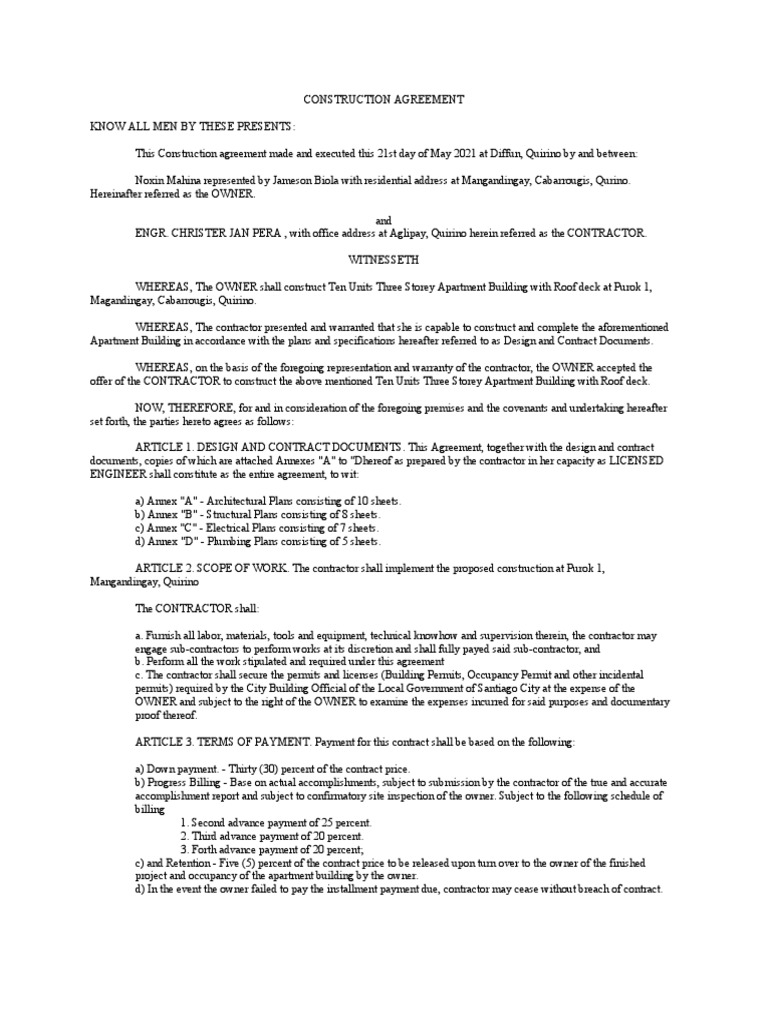 Construction Agreement 2 | PDF | Private Law | Business Law