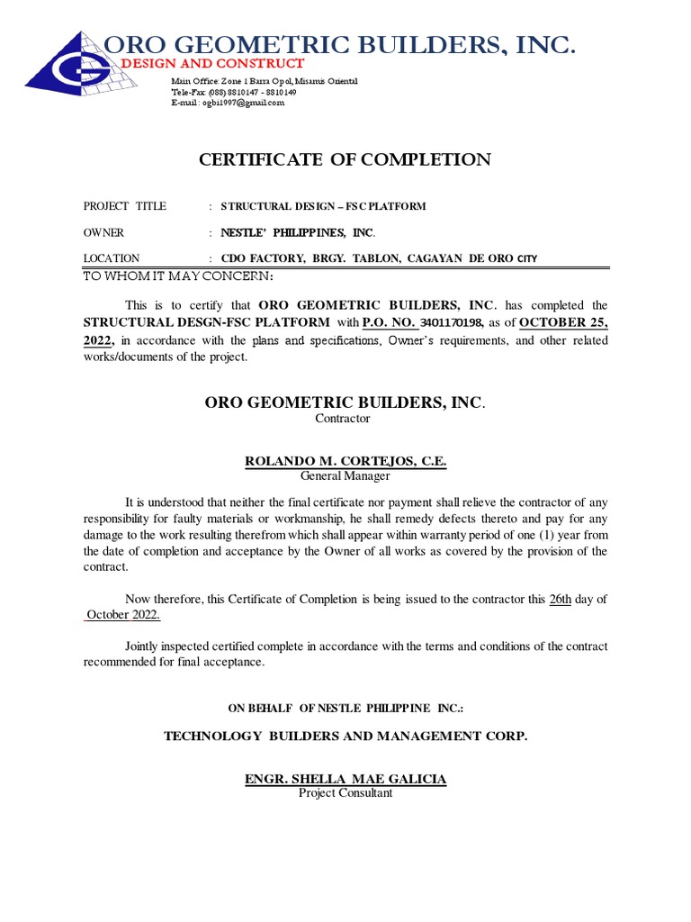Certificate of Completion and Acceptance (STRUCTURAL DESIGN-FSC ...